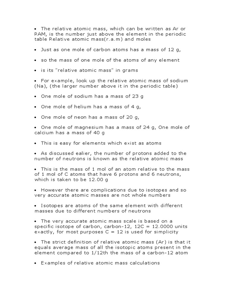 Relative Atomic Mass & Moles Guide | PDF | Mole (Unit) | Gases