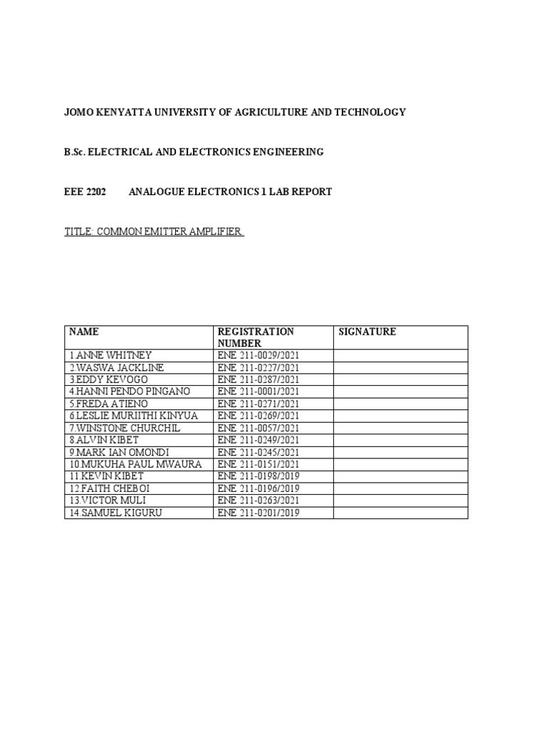 Analogue Report Common Emitter Amplifier | PDF | Amplifier | Transistor