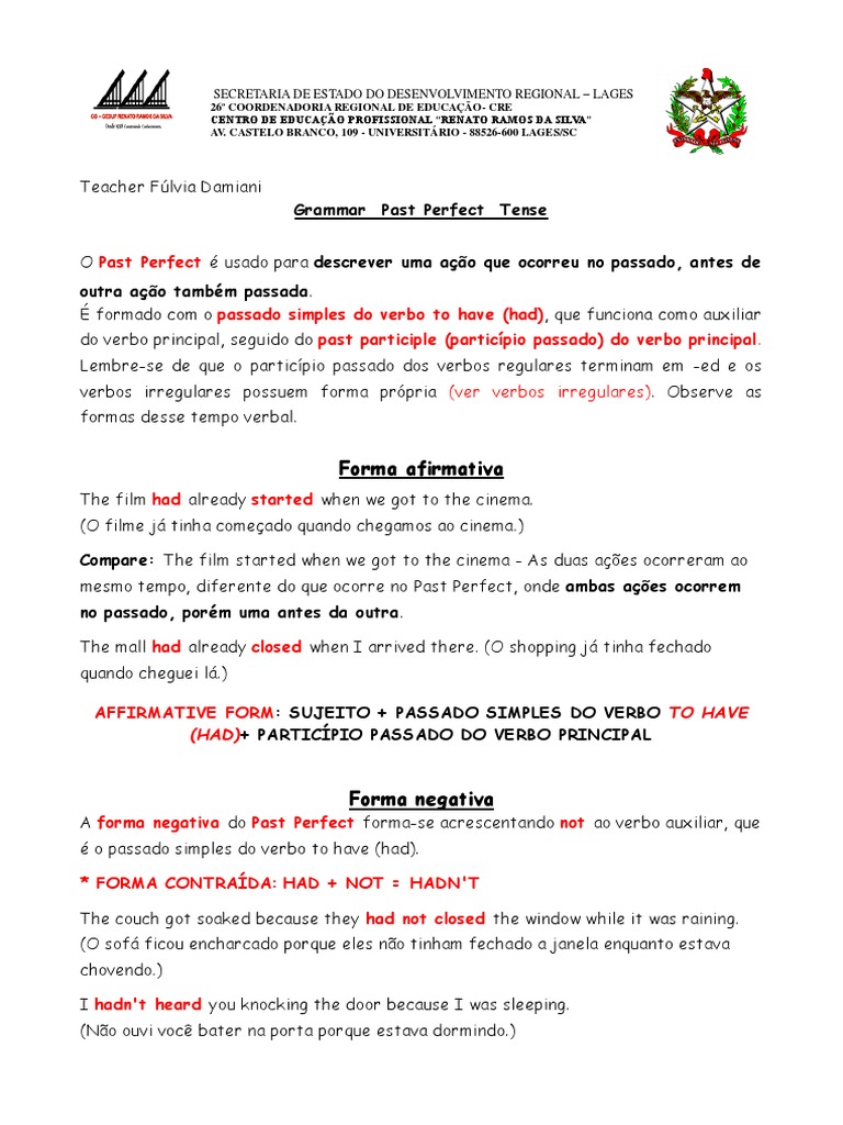 Explicação do Past Perfect Tense | PDF | Assunto (gramática) | Mecânica ...