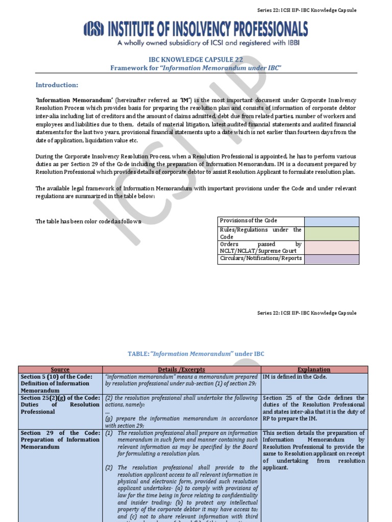 Information Memorandum Under IBC | PDF | Bankruptcy | Bankruptcy In The ...