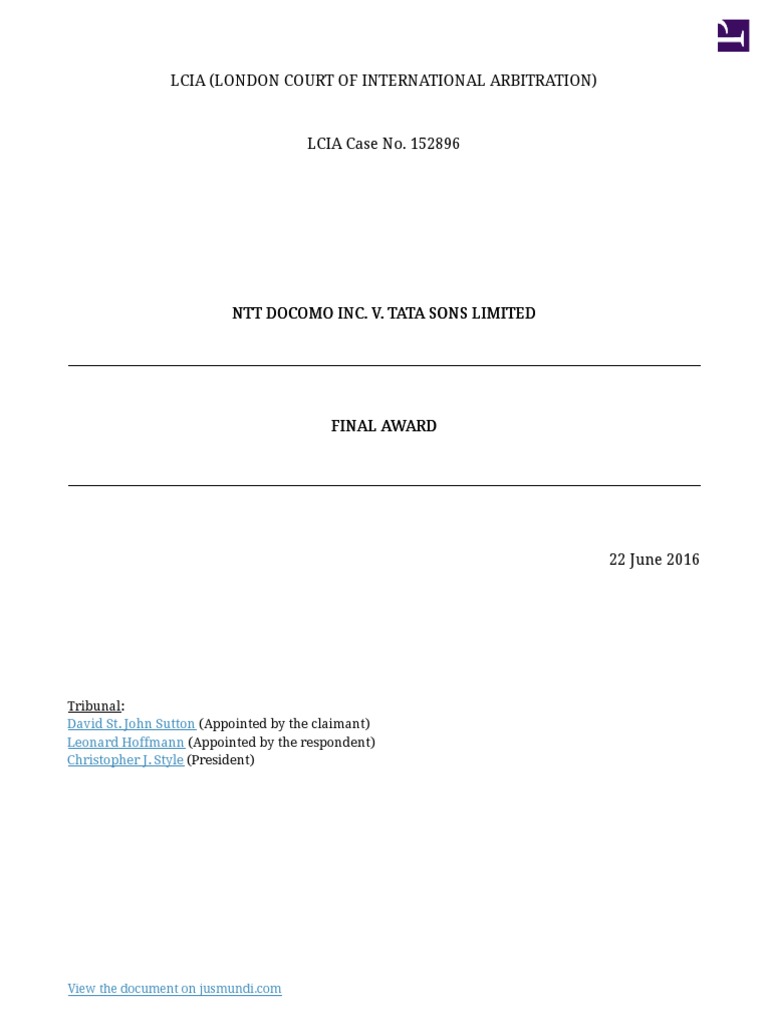 JusMundi PDF NTT Docomo V Tata Sons Lcia Case No 152896 Final Award | PDF | Arbitral Tribunal ...