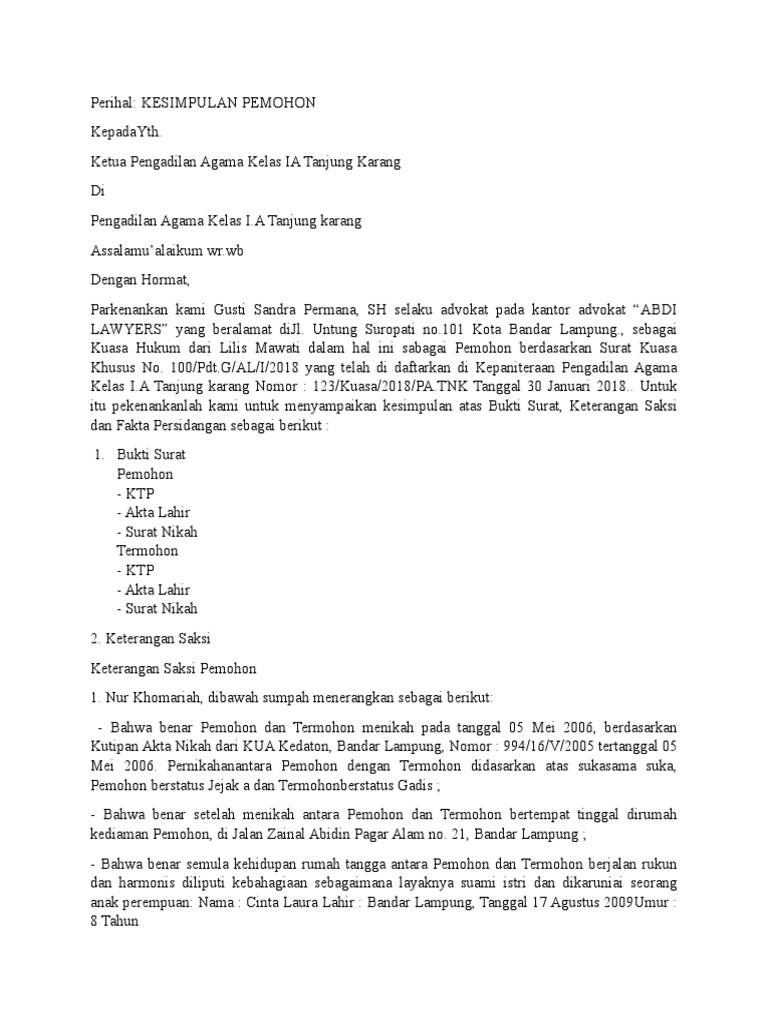 Kesimpulan Tergugat Dan Penggugat | PDF