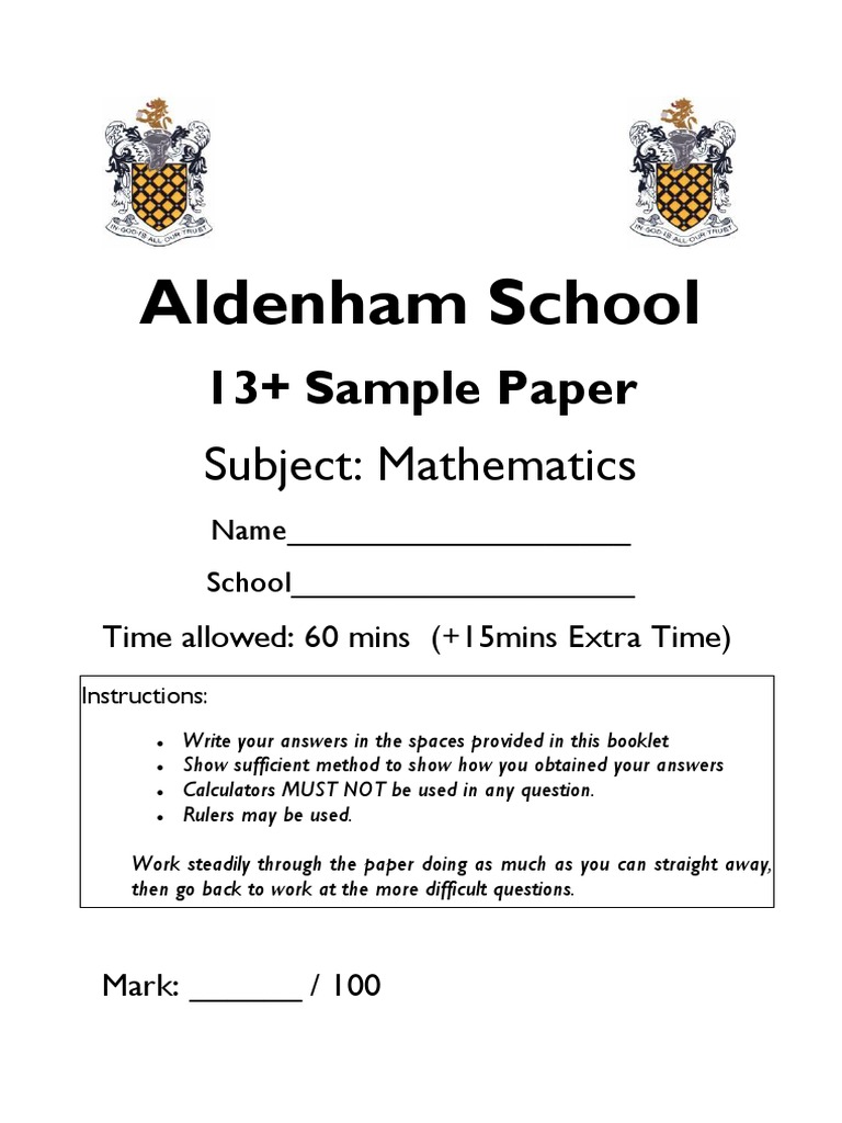 Aldenham School 13 Plus Maths Sample Paper | PDF | Length | Area