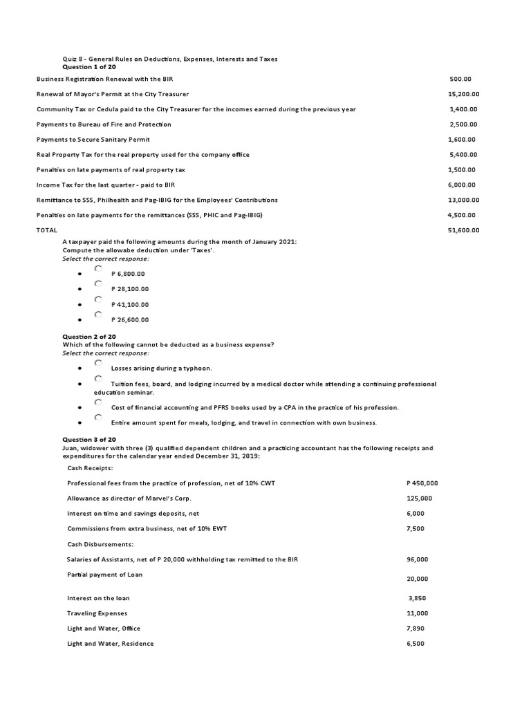 Tax Deductions and Expenses Quiz | PDF | Tax Deduction | Depreciation