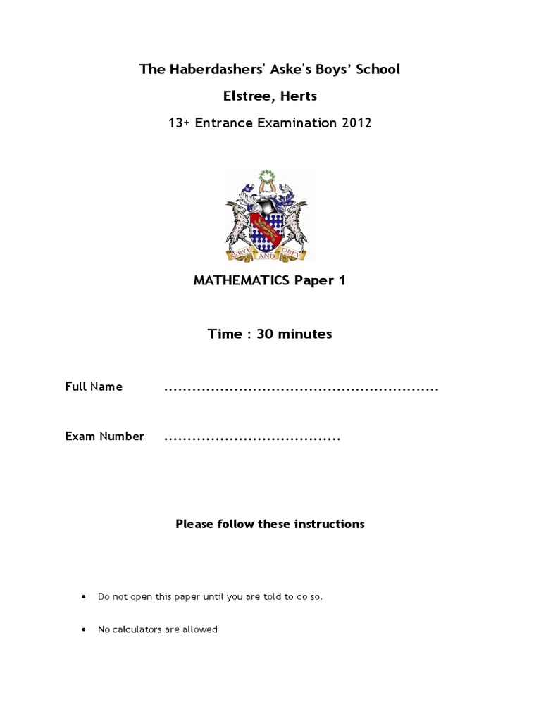 Haberdashers Aske S Boys School 13 Plus Maths Entrance Exam Paper 1 ...