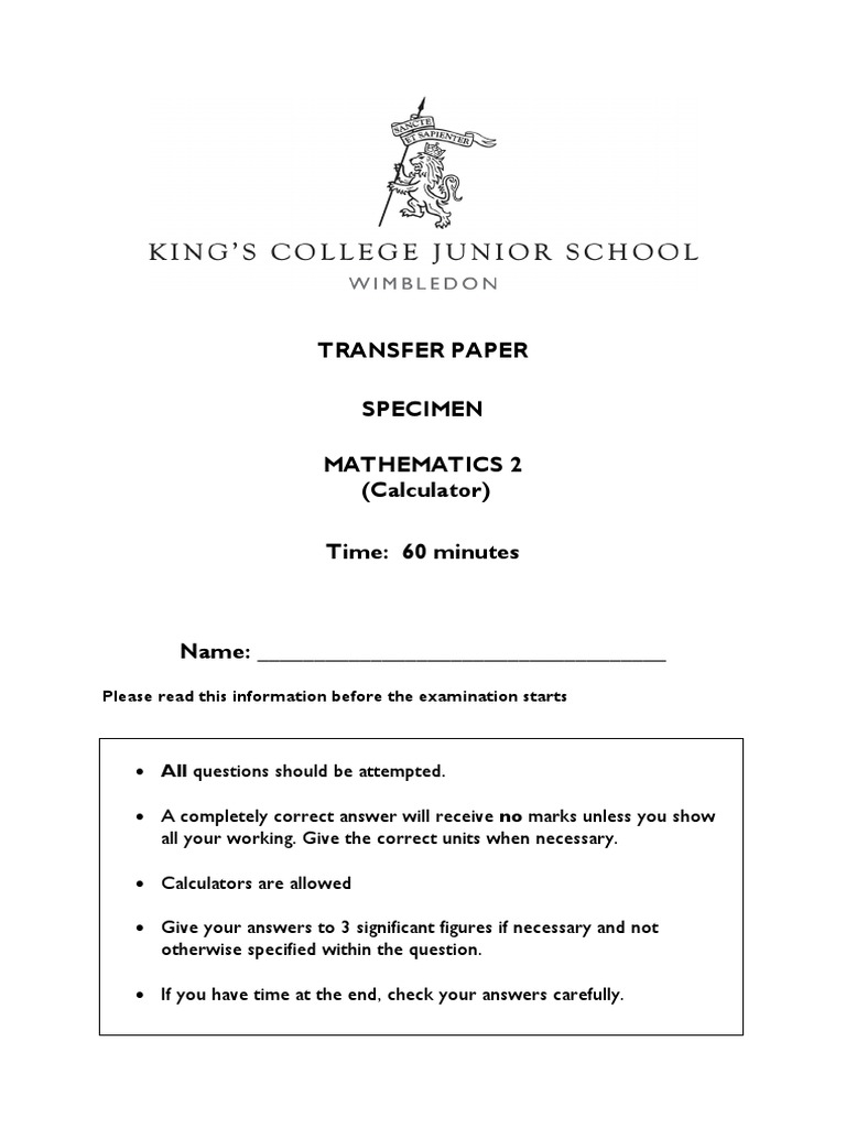 Kings College Junior School 13 Plus Maths Calculator Paper 1 PDF ...