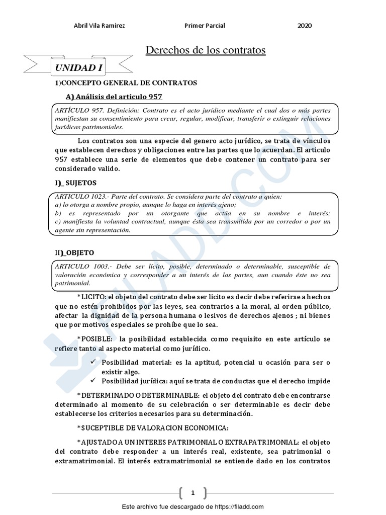 Primer Parcial Contrato | Descargar gratis PDF | Derecho privado | Derecho civil (sistema legal)