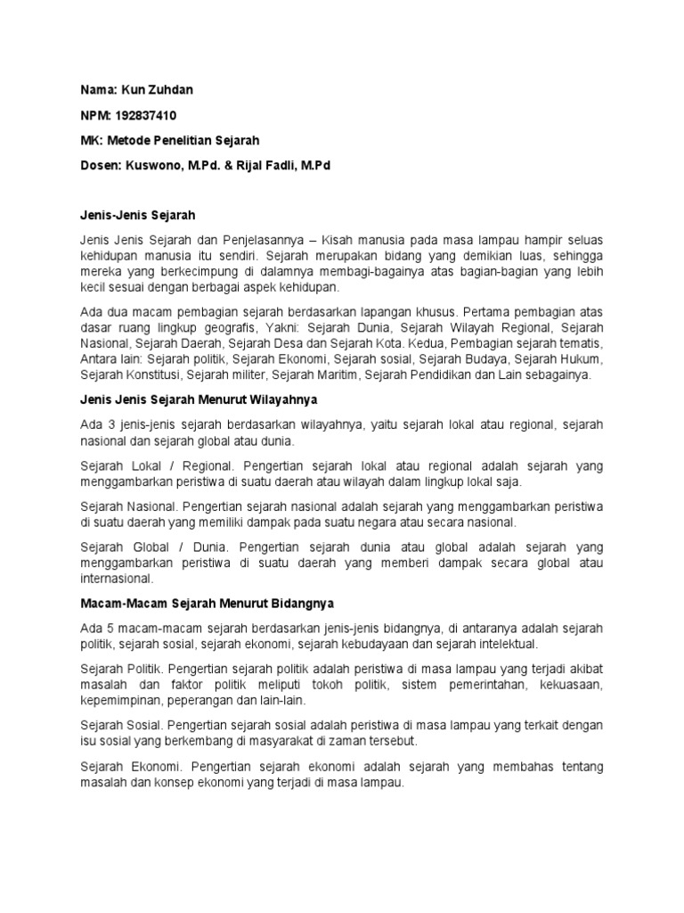 Contoh Paper Mini Jenis-Jenis Sejarah | PDF