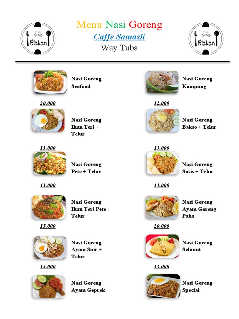 Menu Nasi Goreng Caffe Samasli | PDF