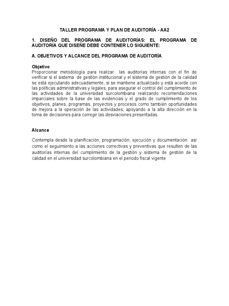 Taller Programa y Plan de Auditoria Aa2 | PDF | Auditoría | Planificación