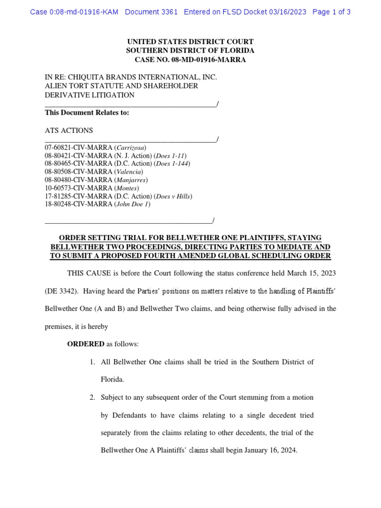 Chiquita Order Setting Trial Dates For Bellwether One Group | PDF ...