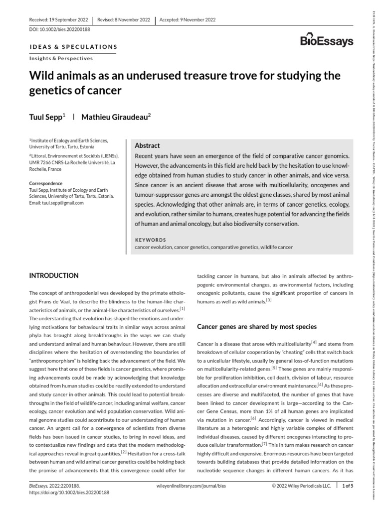 BioEssays - 2022 - Sepp - Wild Animals As An Underused Treasure Trove ...