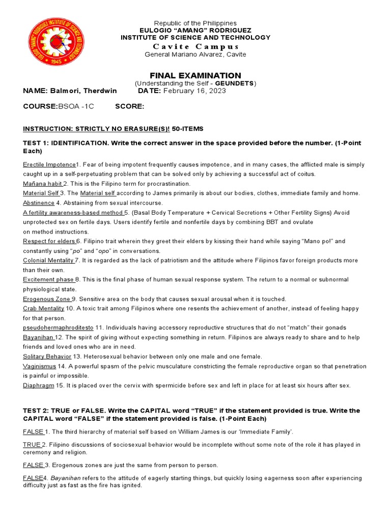 Balmori Therdwin - EARIST Final Examination - Understanding The Self ...