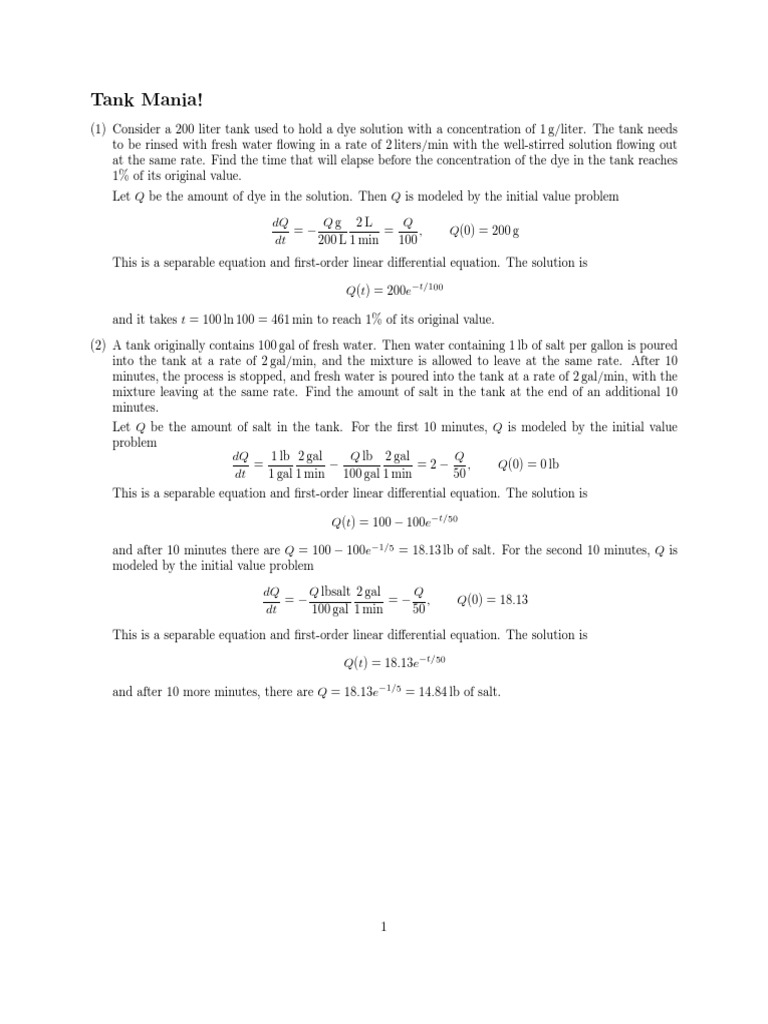 Tank Dynamics: Dye and Salt Concentration | PDF | Differential ...