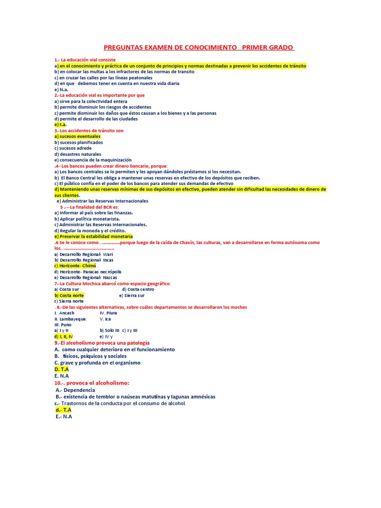 Examen de conocimientos de primer, segundo y tercer grado: Preguntas ...