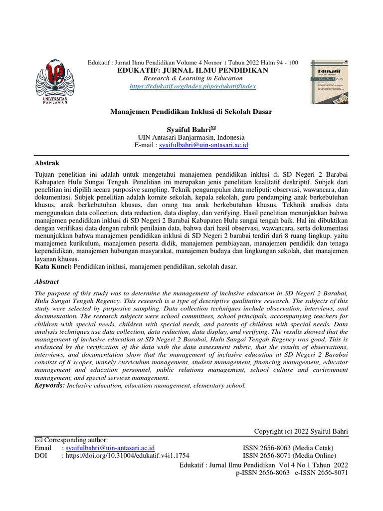 Jurnal Nasional (Sinta 4) - Jurnal Ilmu Pendidikan - Manajemen Pendidikan Inklusi Di Sekolah ...