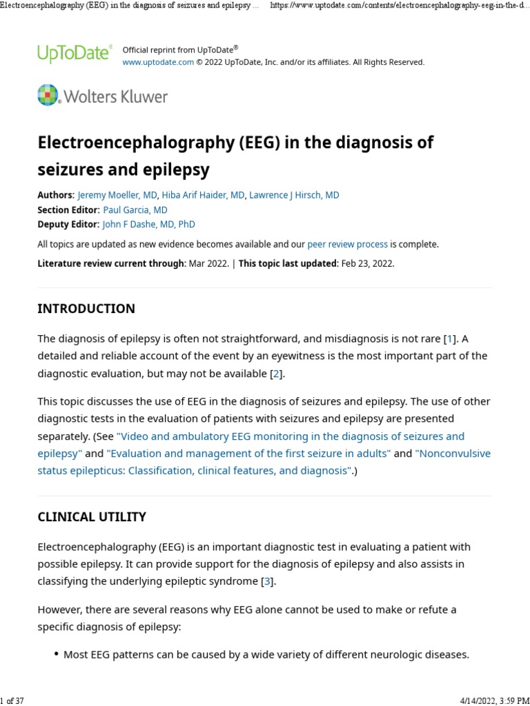 Electroencephalography (EEG) in The Diagnosis of Seizures and Epilepsy - UpToDate PDF | Download ...