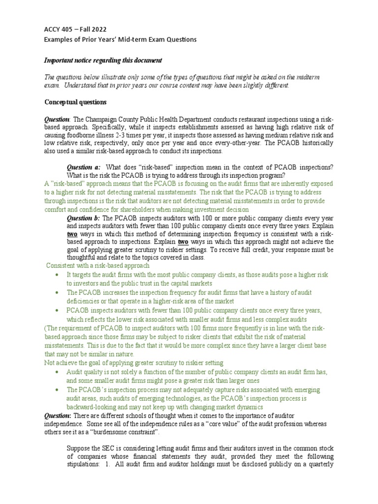 ACCY 405 Fall 22 Example Exam Questions | PDF | Financial Audit | Audit