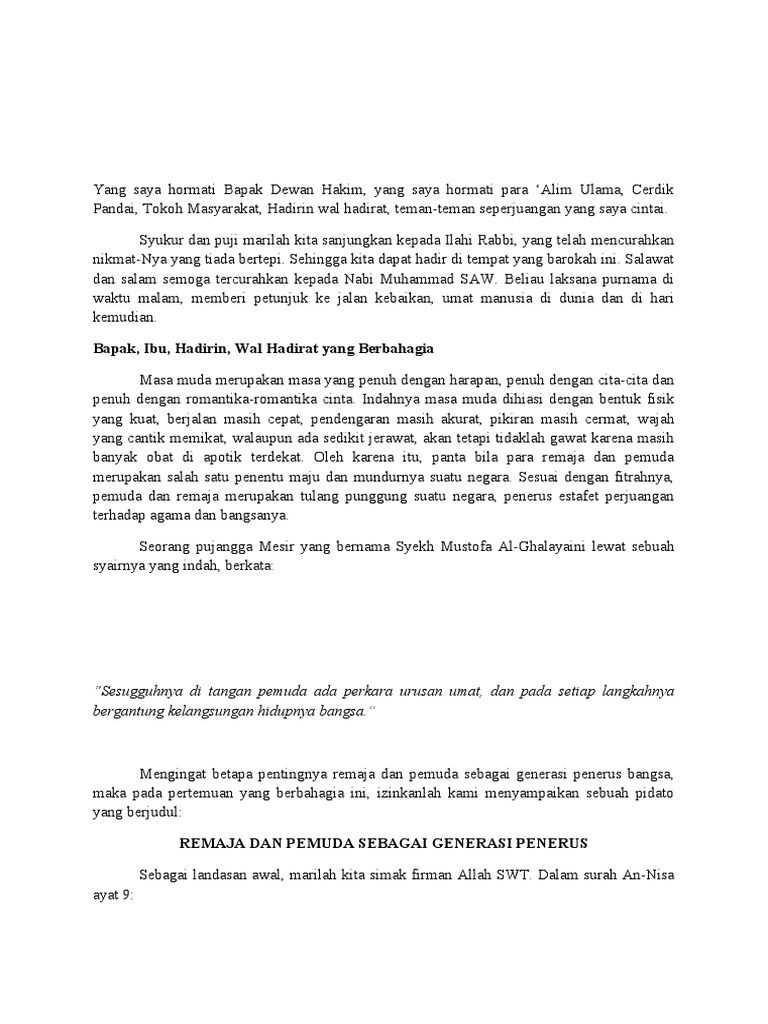 Pidato Remaja Dan Pemuda Sebagai Generasi Penerus | PDF