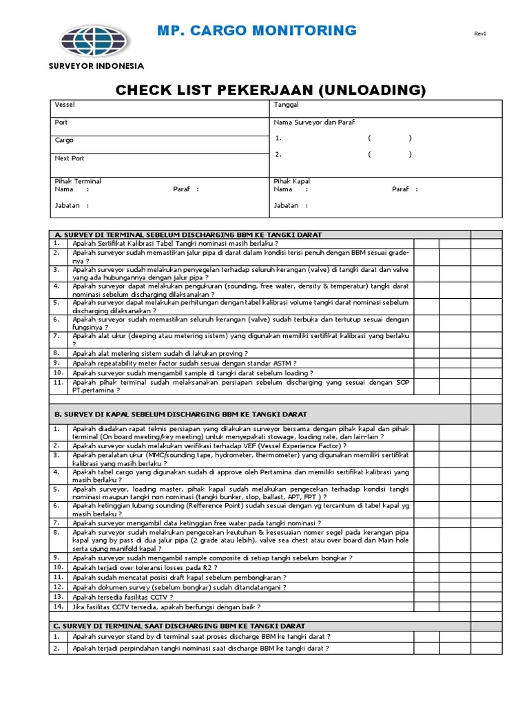 Check List-Unloading - Rev2 2019 PDF | PDF | Bisnis | Teknologi & Rekayasa