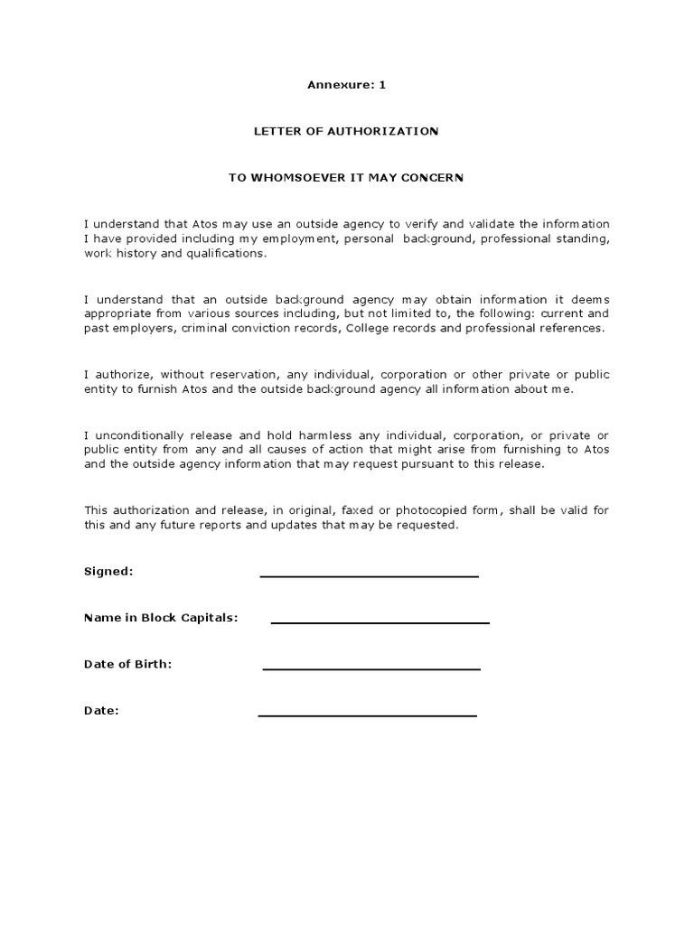 Authorization for Background Check Verification and Release of ...