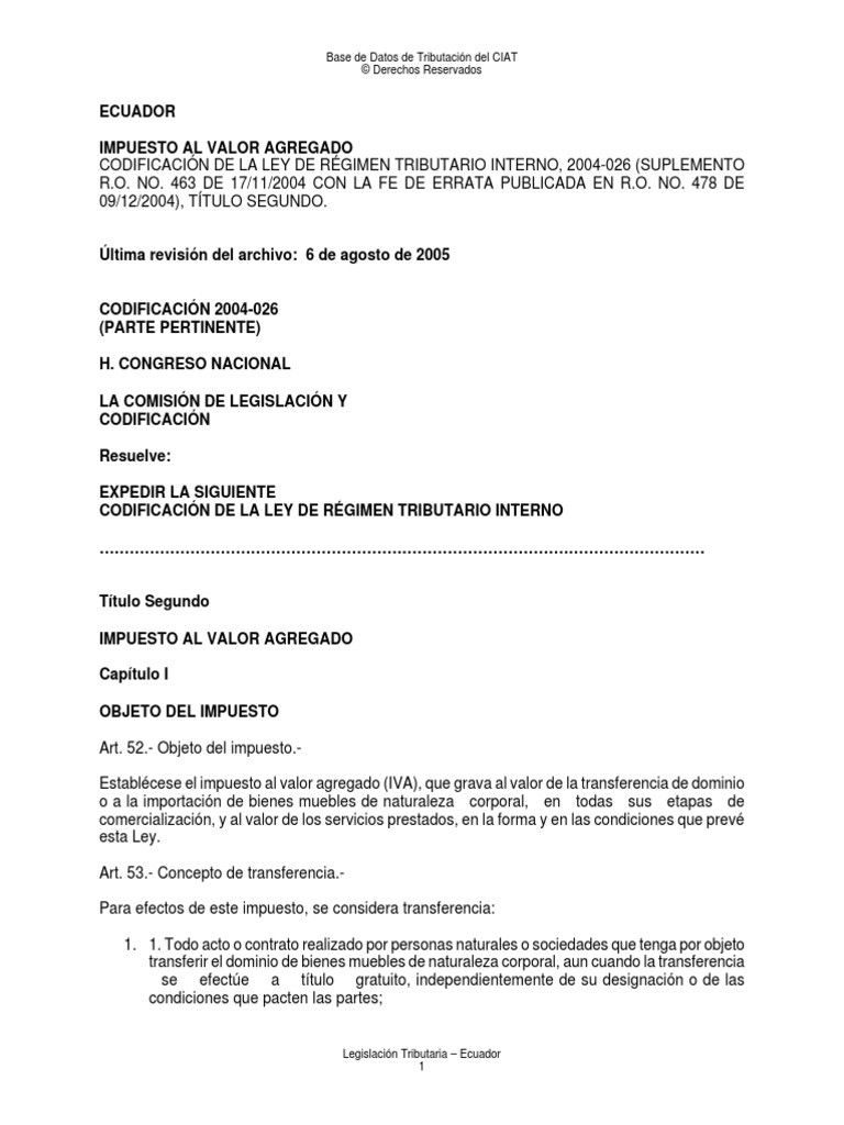 Ecu 2004 R - Ley-026 PDF | PDF | Impuestos | Impuesto al valor agregado