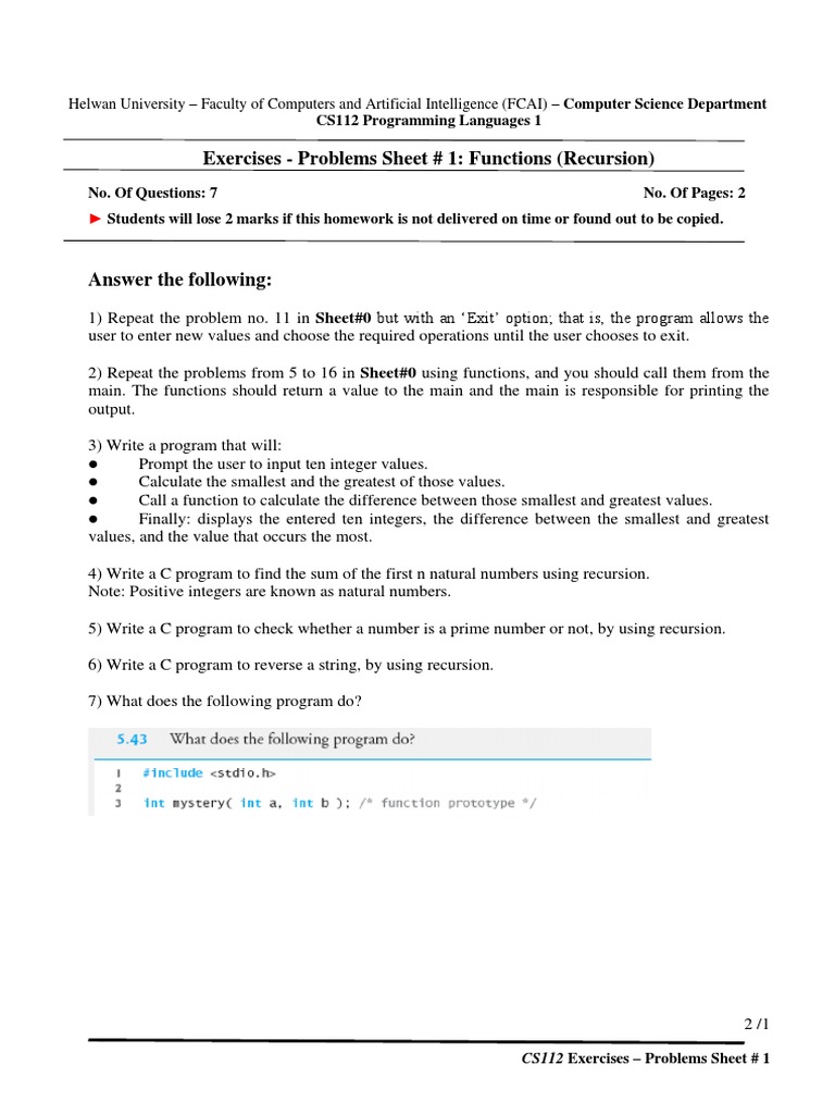Helwan University CS112 Functions Recursion Problems Sheet | PDF