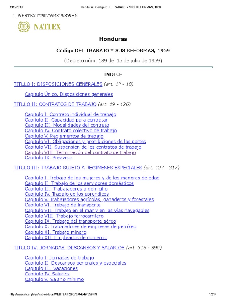 Honduras. Código DEL TRABAJO Y SUS REFORMAS, 1959 | PDF | Acuerdo ...