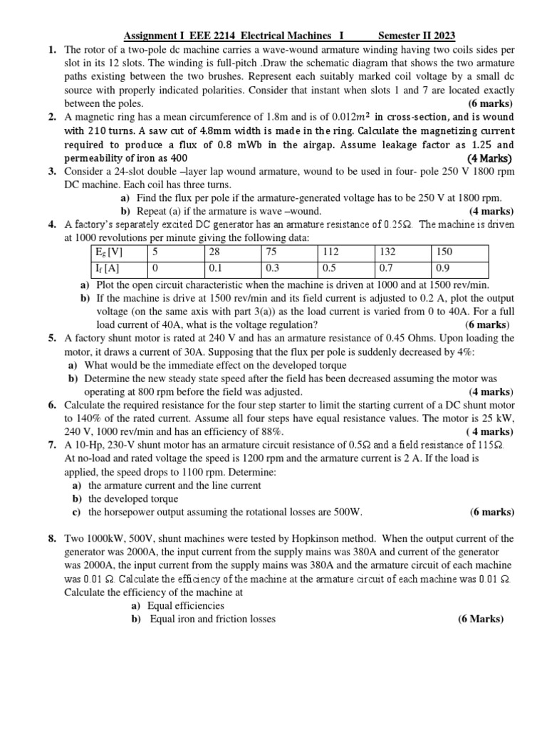 Assignment I EEE 2214 ELECTRICAL MACHINES I Feb 2023 (2) (Original) | PDF | Electric Motor ...