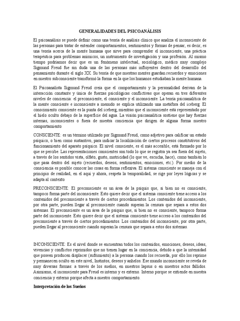 Generalidades Del Psicoanálisis 1 | PDF | Psicoanálisis | Mente inconsciente