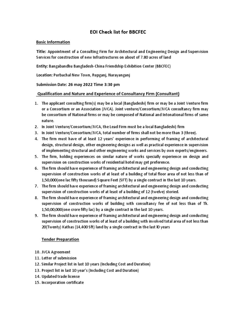 Check List For EOI BBCFEC | PDF | Engineer | Consortium
