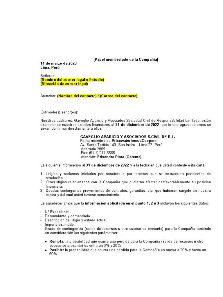 Modelo Carta de Circularización de Abogados | PDF