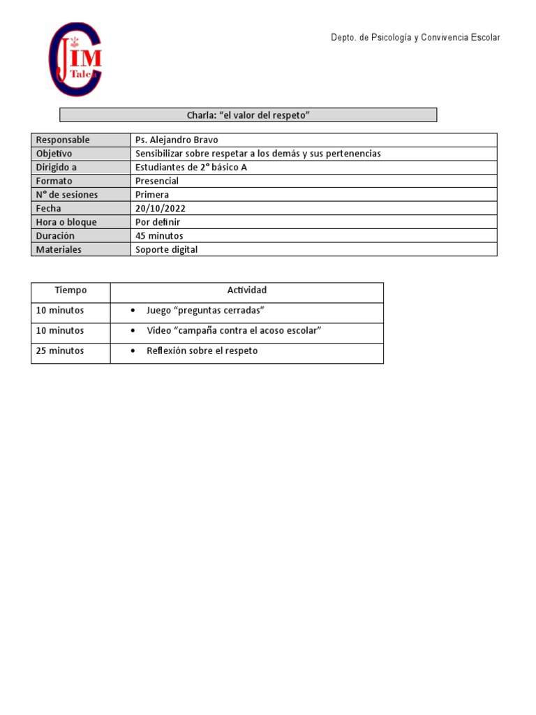 Charla - El Valor Del Respeto - 2° Básico A | PDF