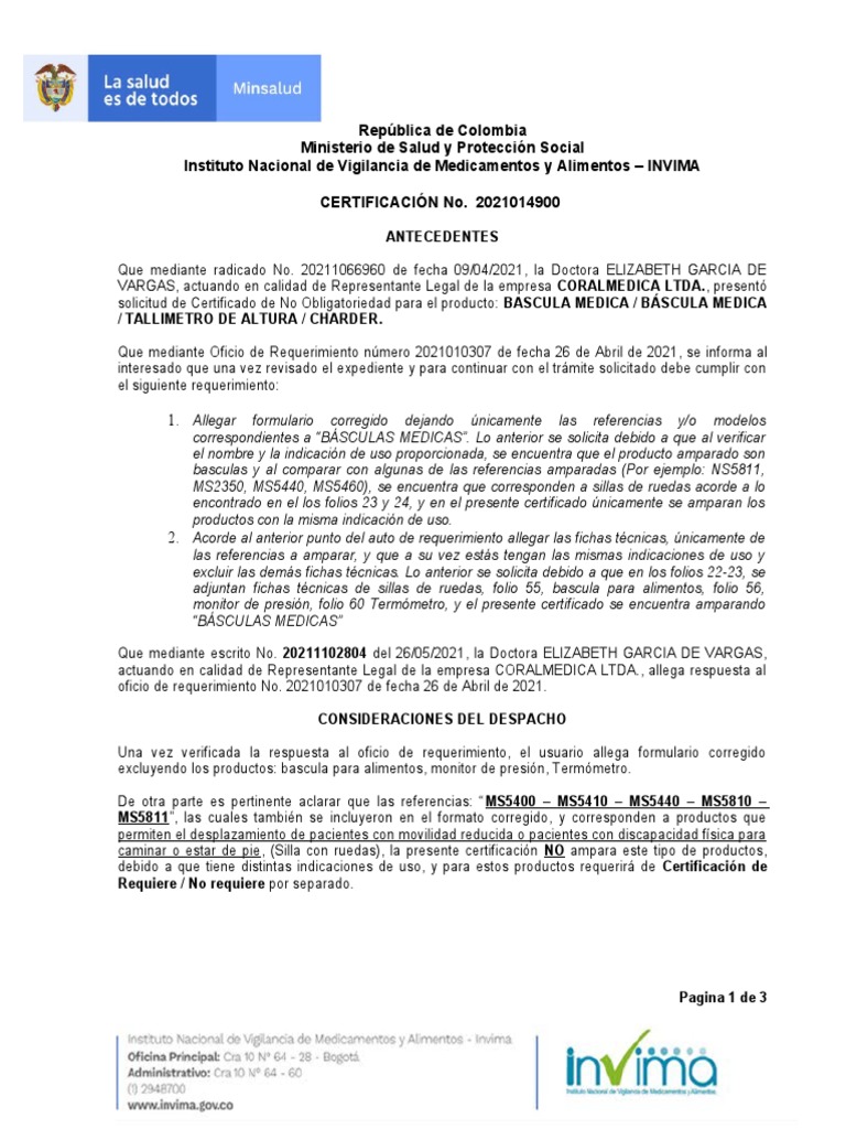 Certificado No Requiere 2021014900 | PDF | Dispositivo médico