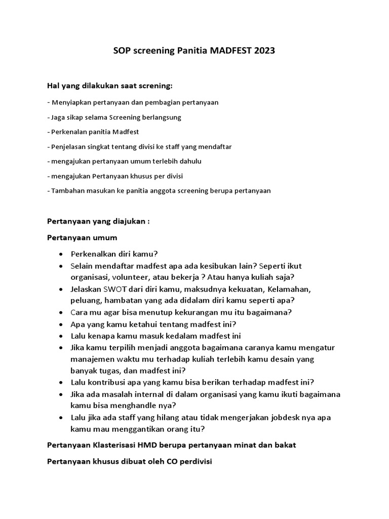 SOP Screening Panitia Madfest 2023 | PDF