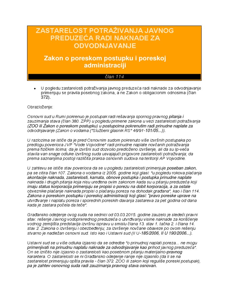 Zastarelost Potrazivanja Javnog Preduzeca Radi Naknade Za Odvodnjavanje ...