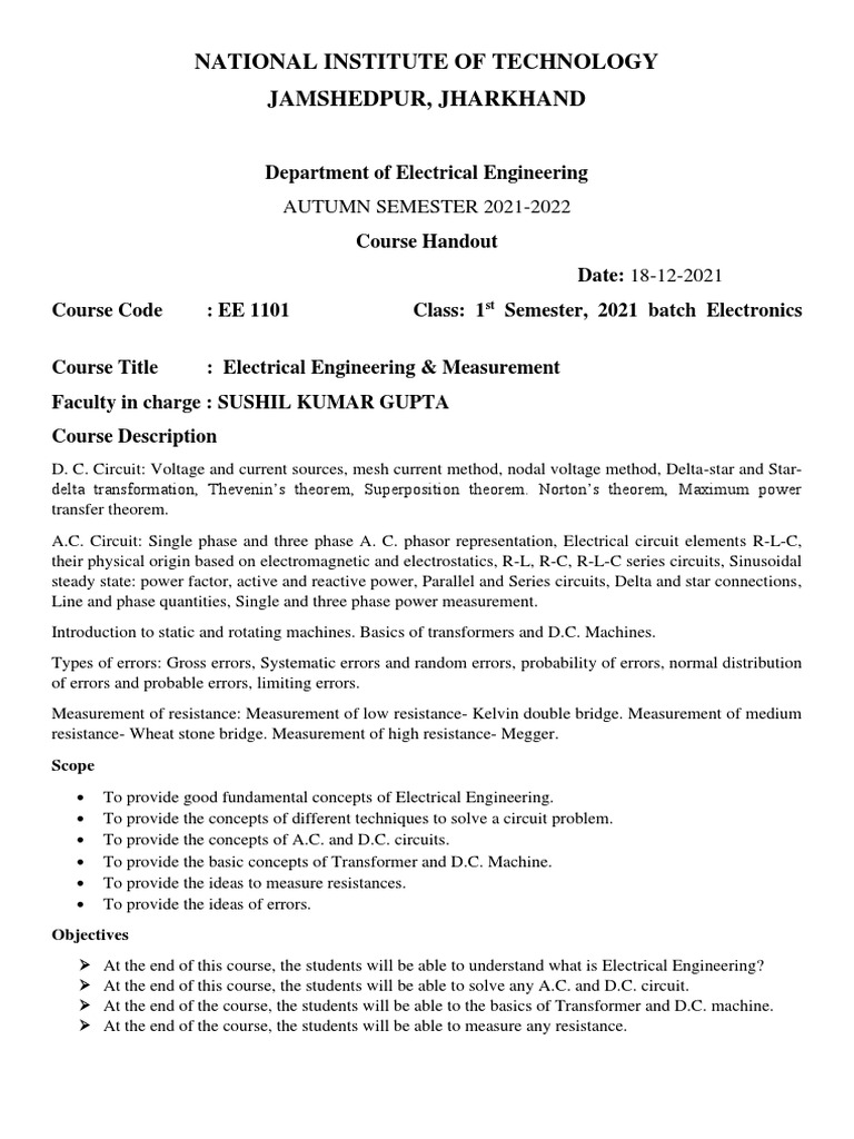 Handout For Electronics Electrical Engineering & Measurement | PDF | Electrical Network | Voltage