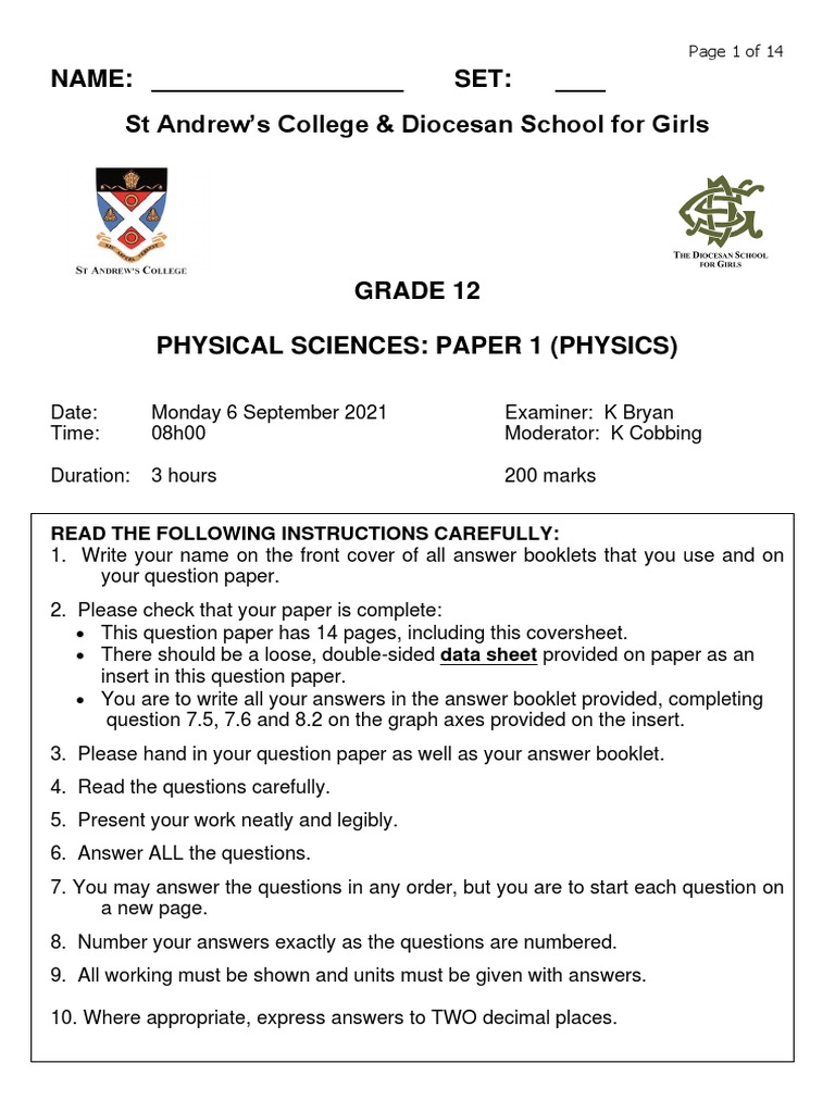 SACDSG G12 Physics September 2021 | PDF | Collision | Force