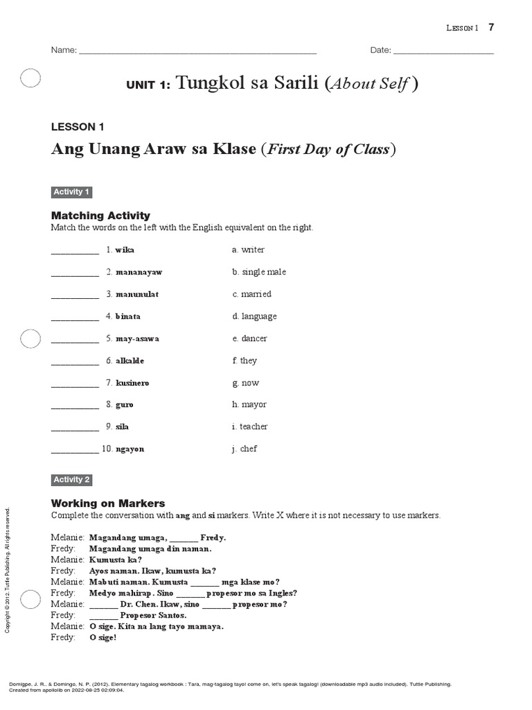 Elementary Tagalog Workbook Tara, Mag-Tagalog Tayo... - (UNIT 1) | PDF