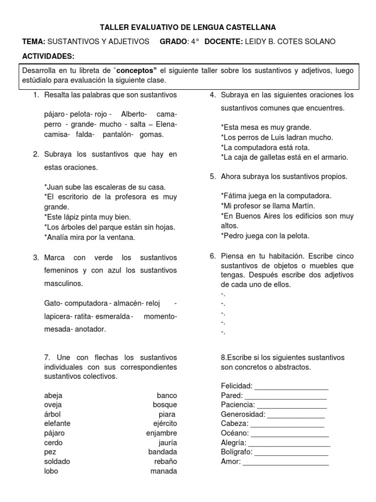Taller Evaluativo Sustantivos y Adjetivos 4° | PDF | Sustantivo | Adjetivo