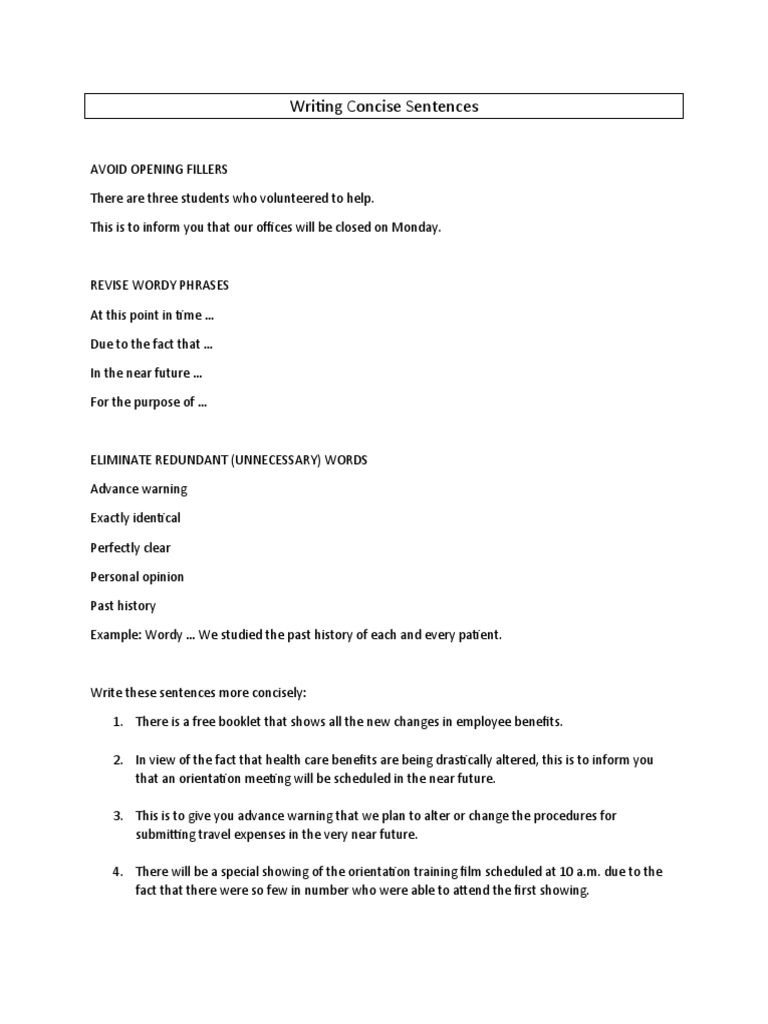 Writing Concise Sentences - in Class Exercise | PDF