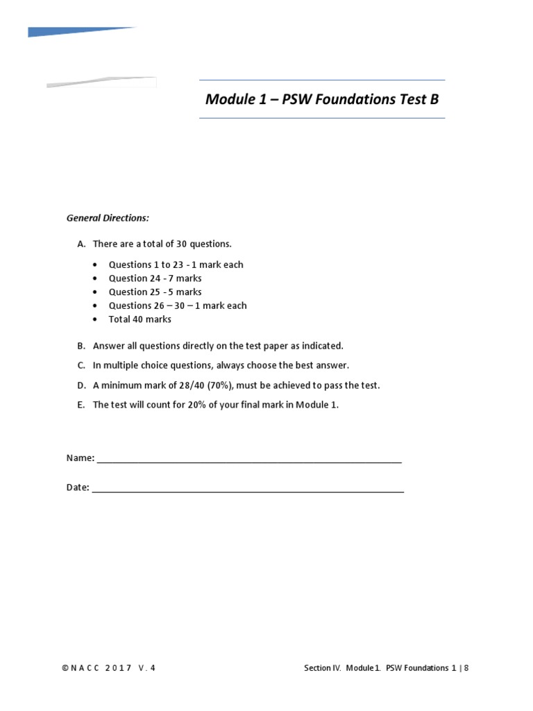 IV_2_Test___Module_1_PSW_Foundations__B__Form_Fill.pdf | PDF | Nursing ...