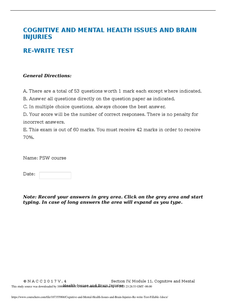 Cognitive and Mental Health Issues and Brain Injuries Re Write Test ...