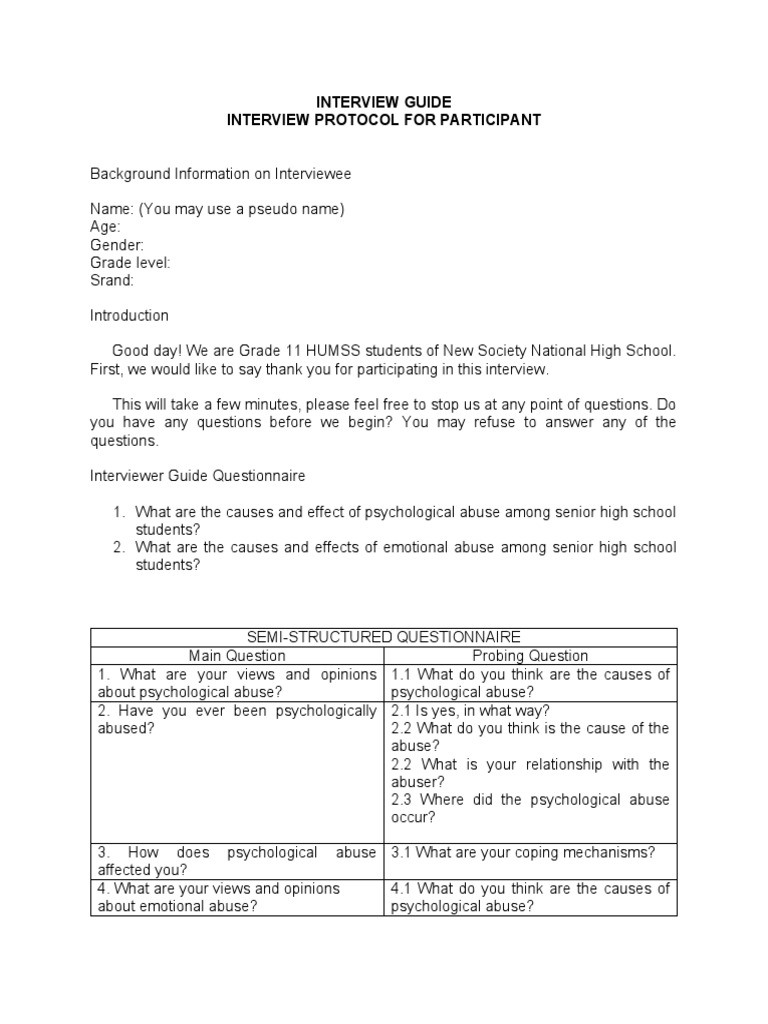 Semi Structured Questionnaire | PDF | Psychological Abuse | Job Interview