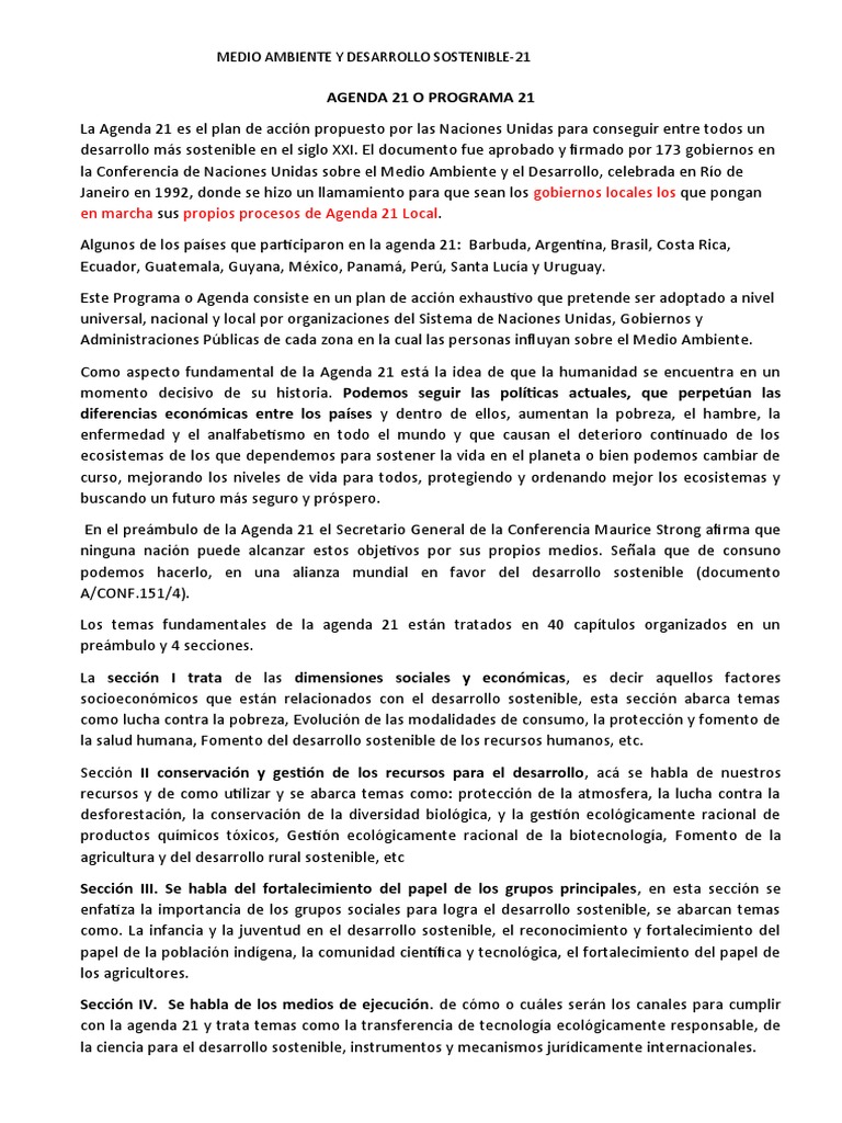 Agenda 21 | PDF | Sustentabilidad | Desarrollo sostenible