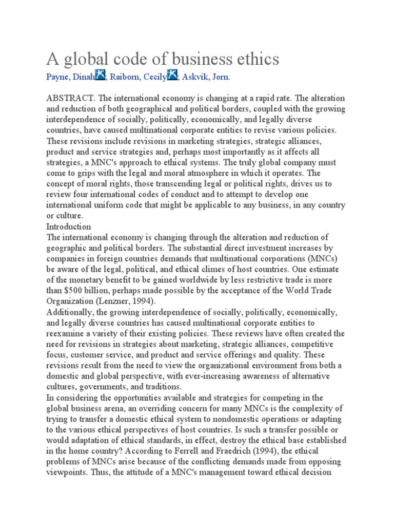A Global Code of Business Ethics: Payne, Dinah Raiborn, Cecily Askvik, Jorn | PDF ...