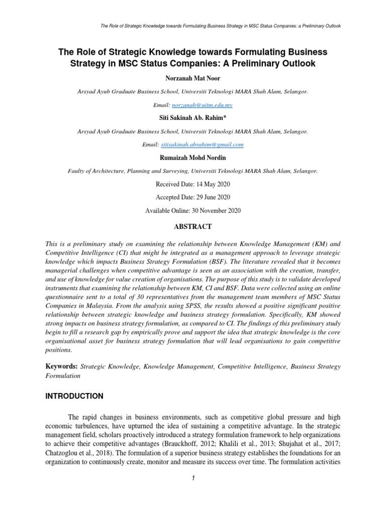 The Role of Strategic Knowledge Towards Formulating Business Strategy ...