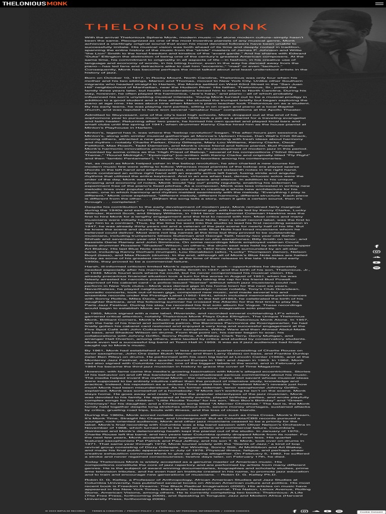 Bio - Thelonious Monk | PDF | American Styles Of Music | Jazz Musicians