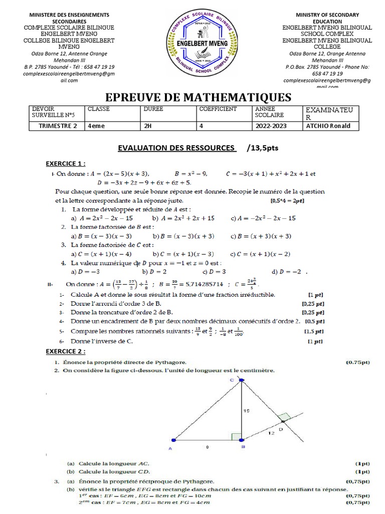 Épreuve de Maths 4ème - Devoir Surveillé 5 | PDF