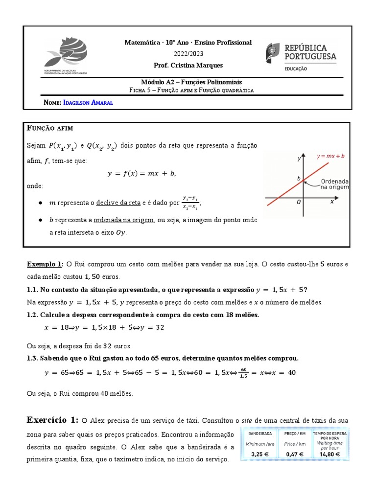 A2 - Ficha 5 - Função Afim. Função Quadrática. | PDF | Função ...